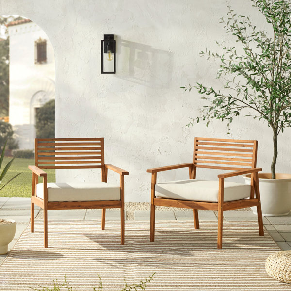 Loon Peak® Modern 2 Piece Slat Back Solid Acacia Wood Patio Club Chair